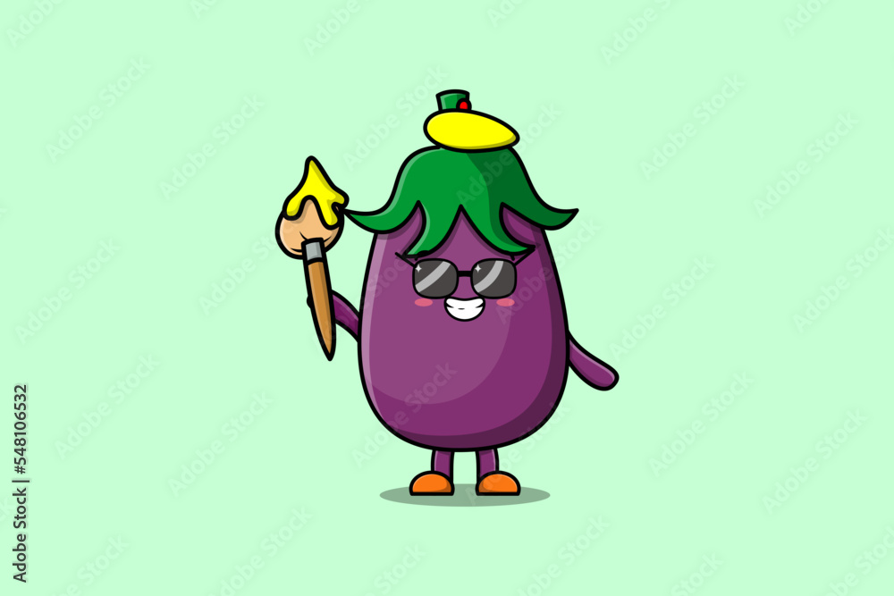 Cute cartoon character Eggplant painter portraitist with hat and a ...