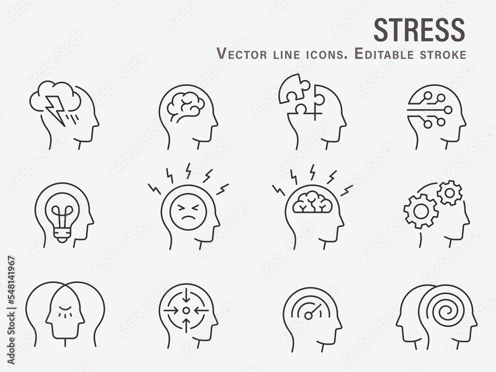 Stress icons, such as anxiety, tension, worry, mental and more ...