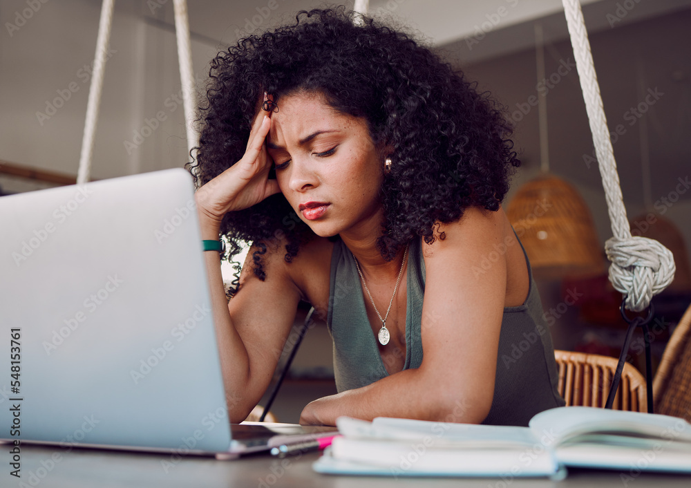 Fotografie Stress, student and black woman with laptop in cafe frustrated from studying, working ...