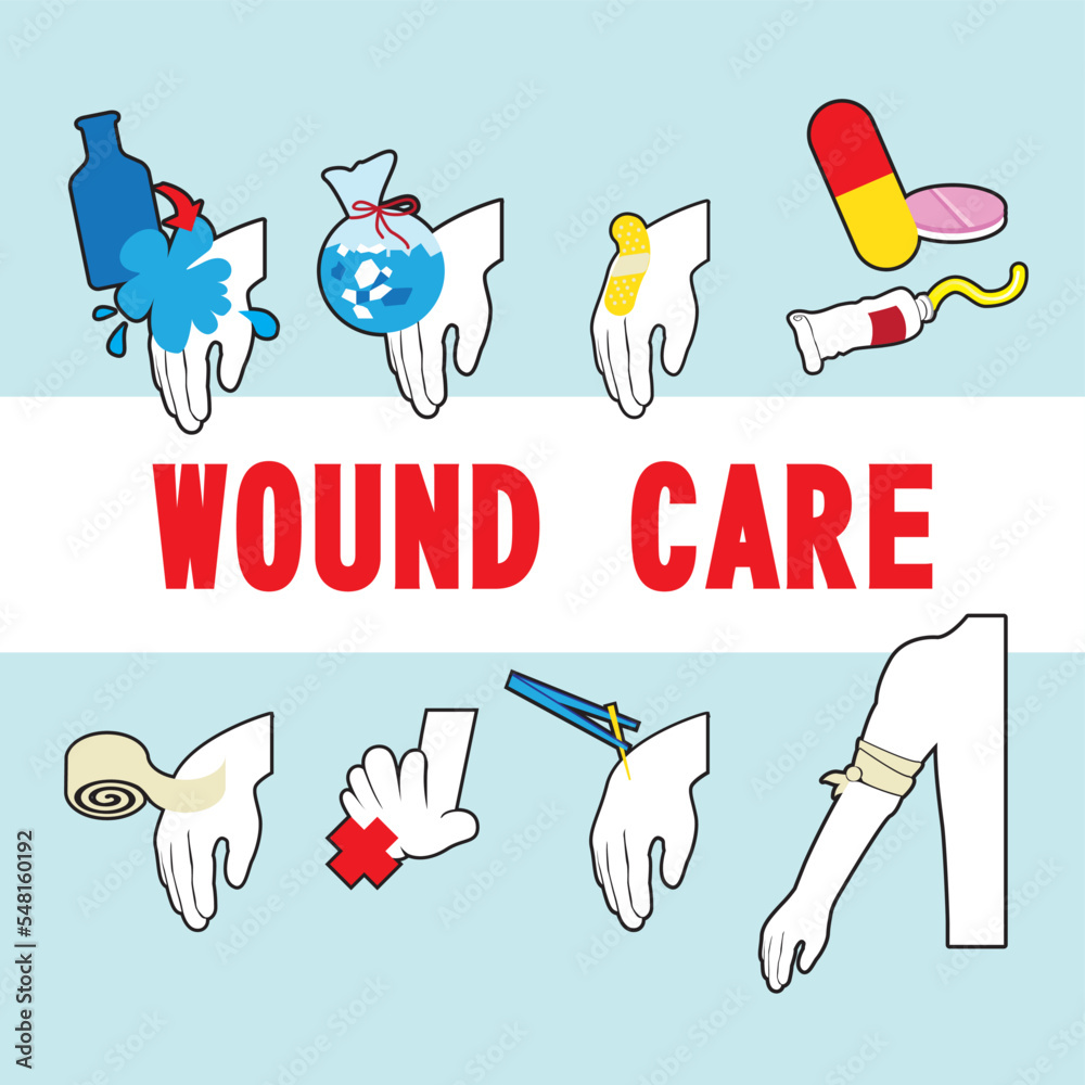 First aid step for wound skin help. Vector flat cartoon graphic design ...