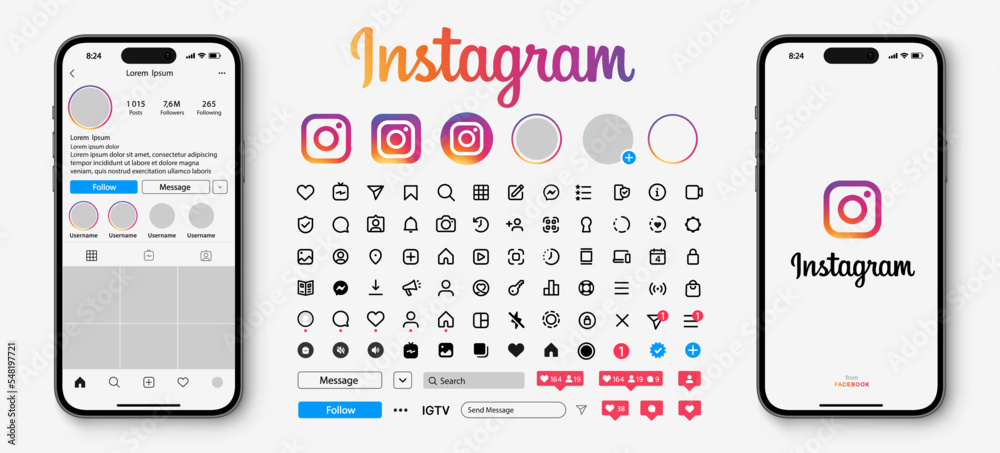 Instagram mockup set. Stories, liked, posts, photo, hashtag and ...