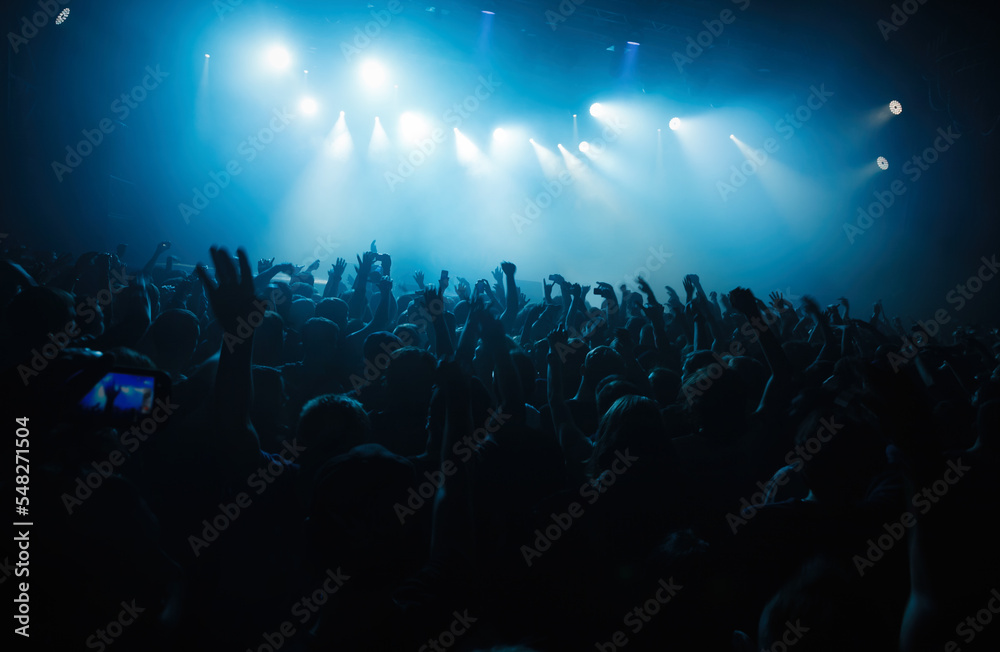 Concert crowd raving to the music. Big group of young people partying ...