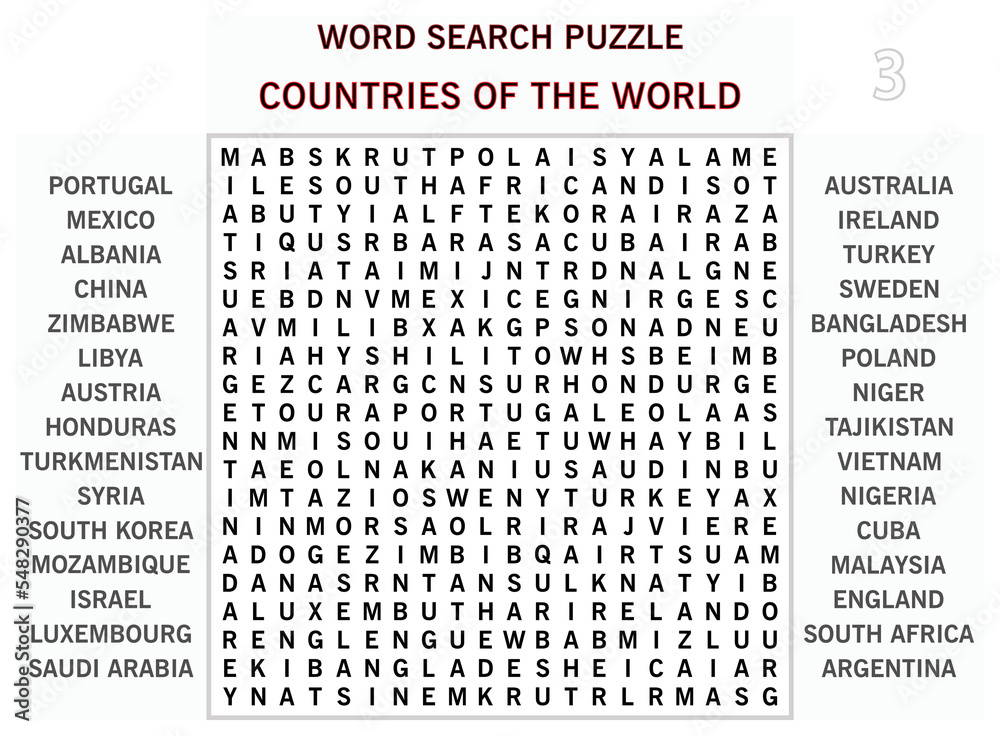 Word search puzzle vector (Word find game) illustration. Countries of the World - 03 の Stock ...
