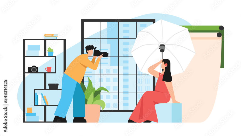 Vector illustration of photo studio. Cartoon scene with photographer ...