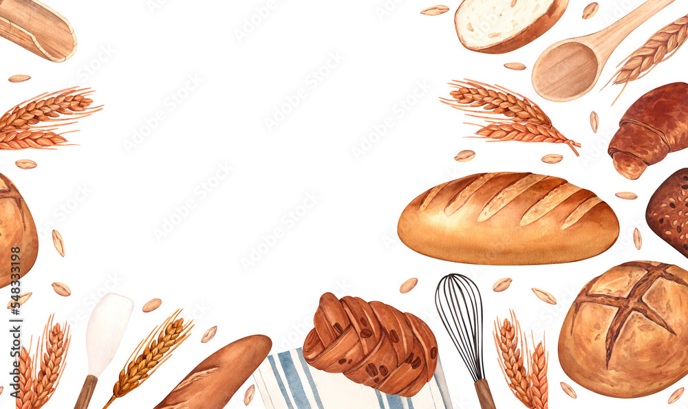Watercolor bakery background. Illustration bread and pastry collection. Concept for a bakery or ...