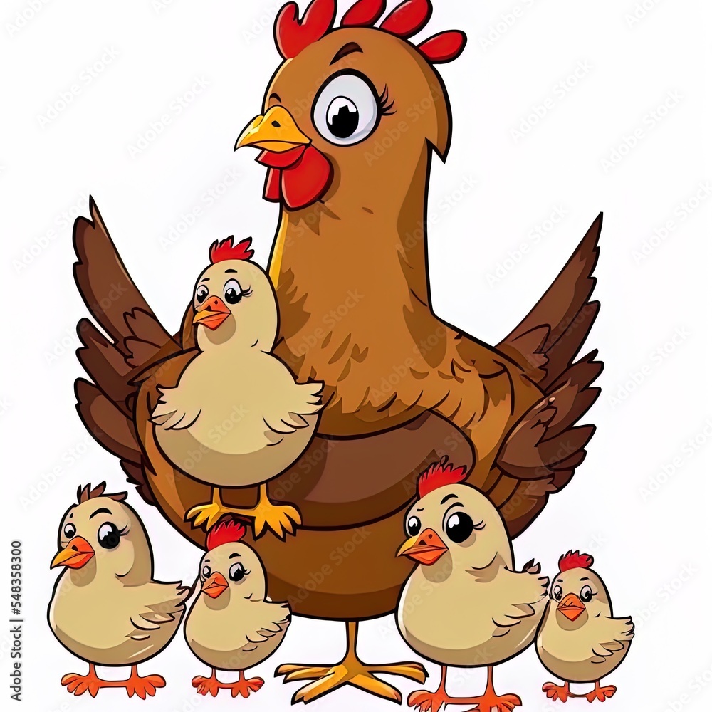 Hen with chicks cartoon on white background Stock Illustration | Adobe ...