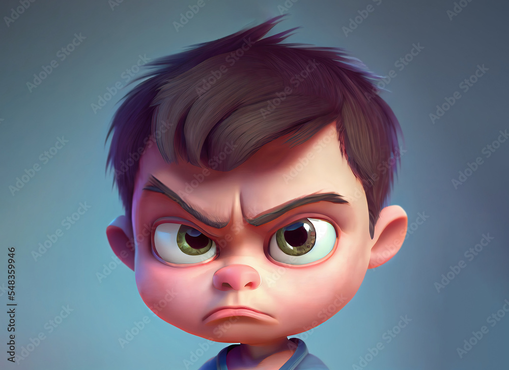 generic frown face of upset toddler boy cartoon portrait, digital ...