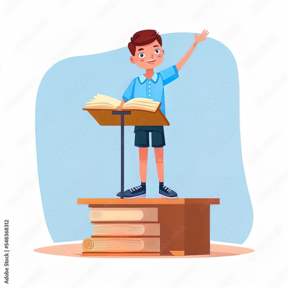 Schoolboy Standing On Books, Raising Hand And Speaking. Pupil Reading ...