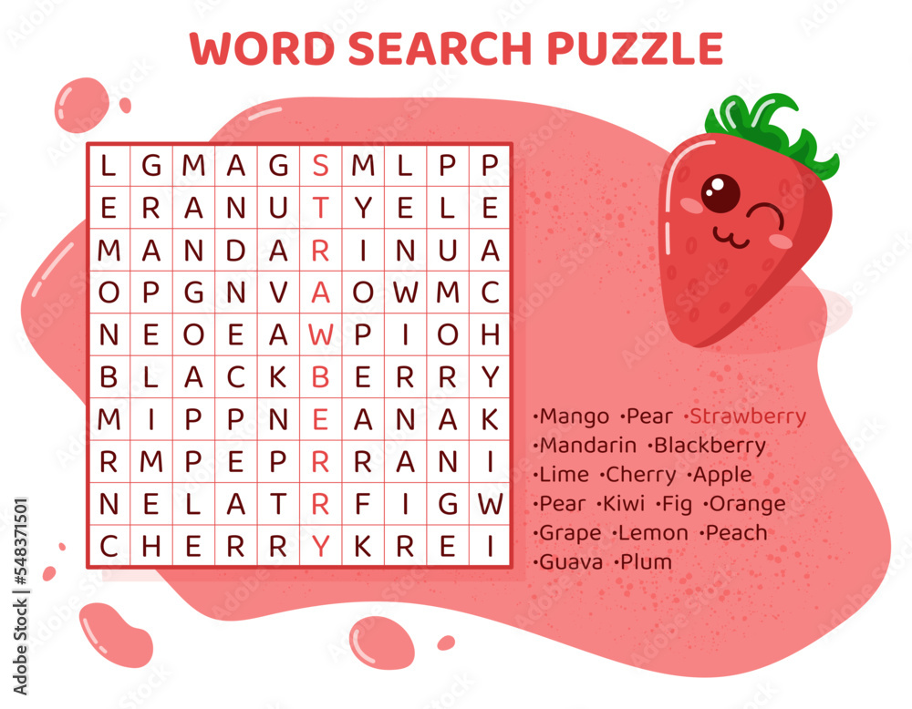 Word search puzzle with fruits and berries. Stock Vector | Adobe Stock