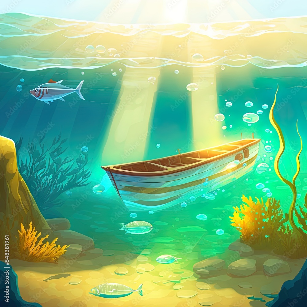 Boat underwater view, empty sea bottom with sand, seaweeds, rocks and ...