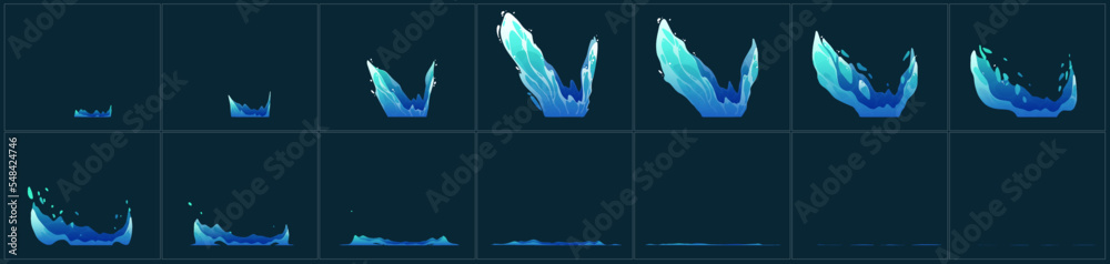 Water splash vfx animation sprite sheet. Stages of liquid aqua ...