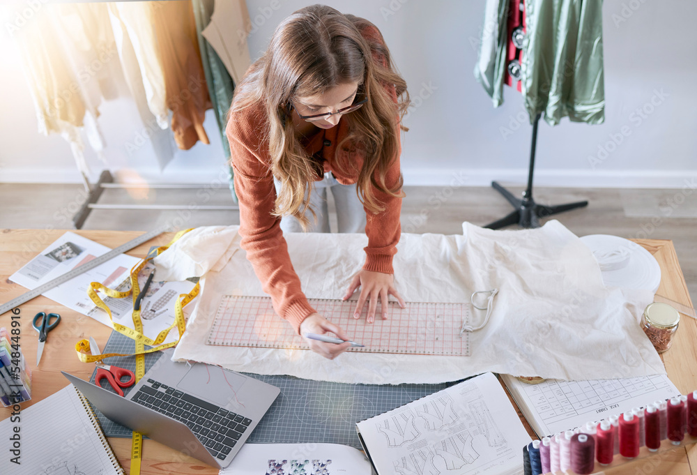 Fashion, designer and fabric woman with sewing tools, measuring tape ...