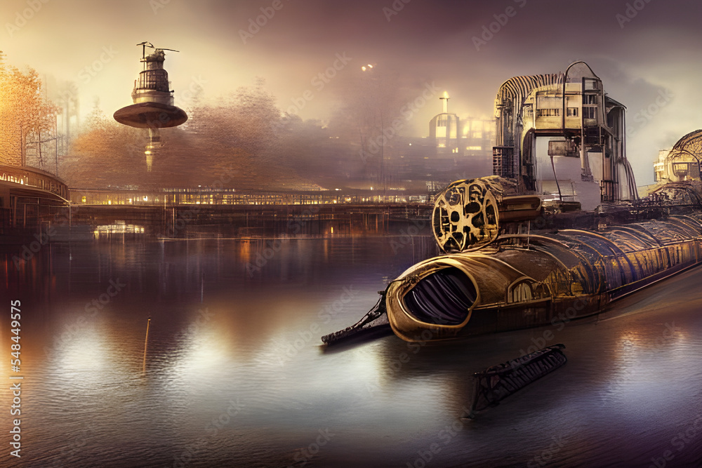 Illustration Stock Steampunk fantasy bakcground of imaginary shipyard ...
