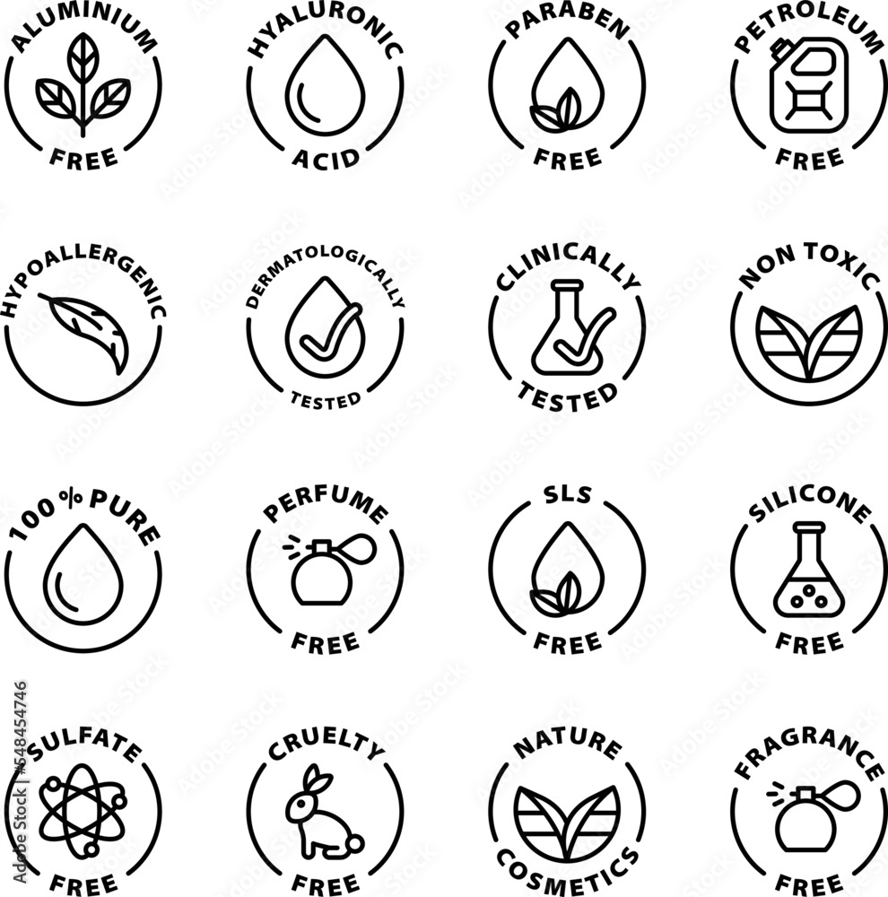 natural cosmetics icon set, icons. Isolated vector black outline stamp ...
