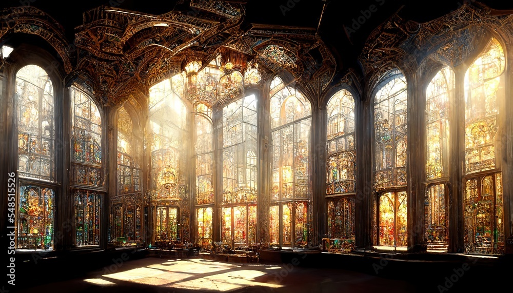 Old Palace interior with high stained glass windows made of multi ...