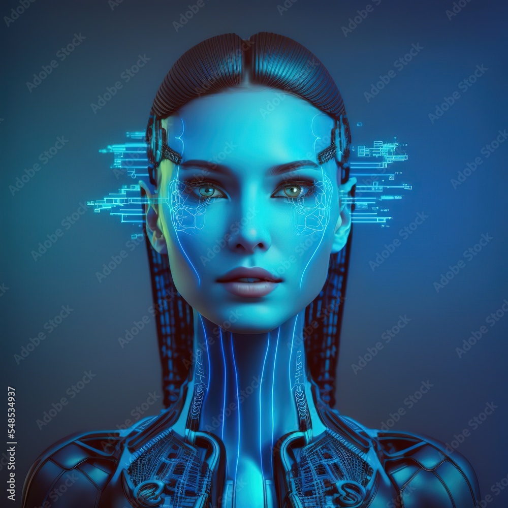 Artificial intelligence in image of cyborg girl with electronic brain ...