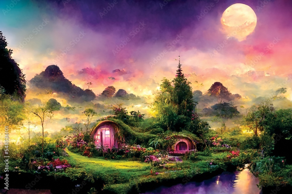 Hobbit house, fabulous landscape, sunset on the fairyland, magic ...