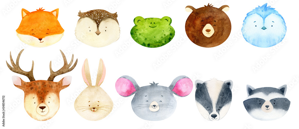 Collection watercolor forest animals. Baby animal portrait. Woodland ...