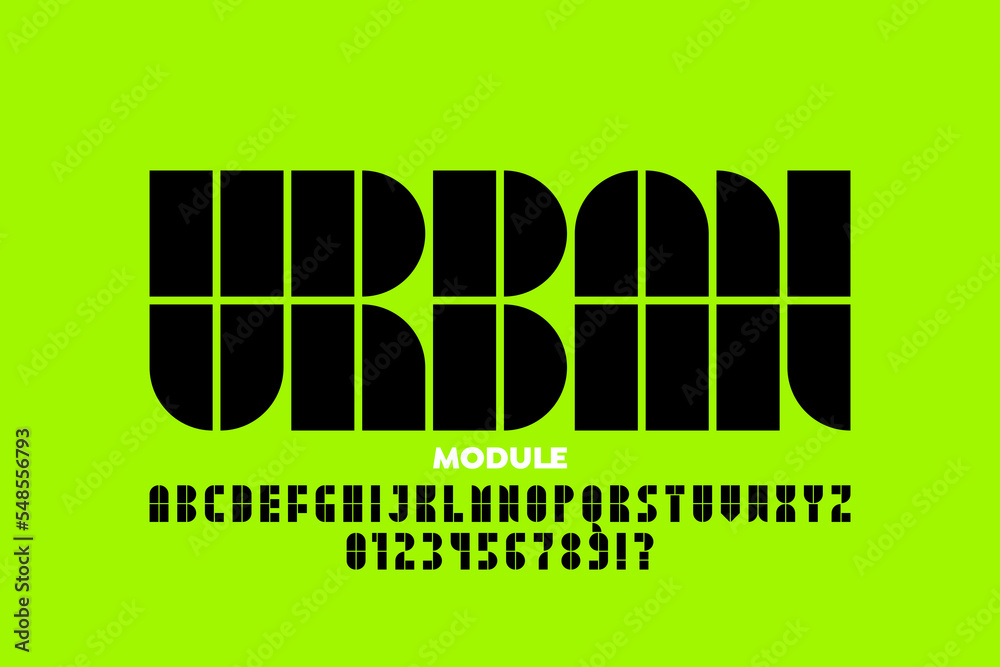 Modular style font, alphabet letters and numbers, vector illustration ...