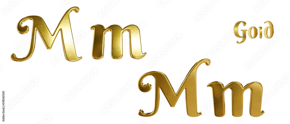 3D alphabet. Golden font with transparent background. Gold. Letter M, m ...