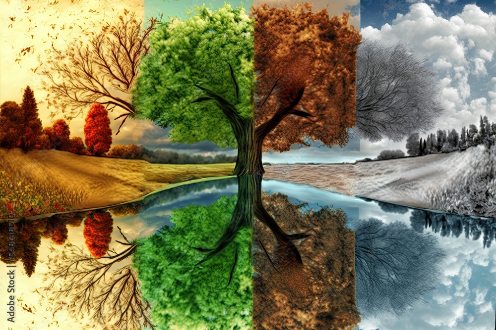 The four seasons in a tree reflected in the water of a lake. Concept of ...