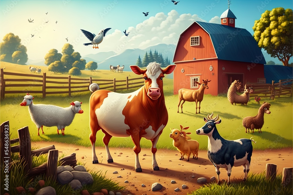 Farm Animals In Countryside Cartoon Poster Stock Illustration | Adobe Stock