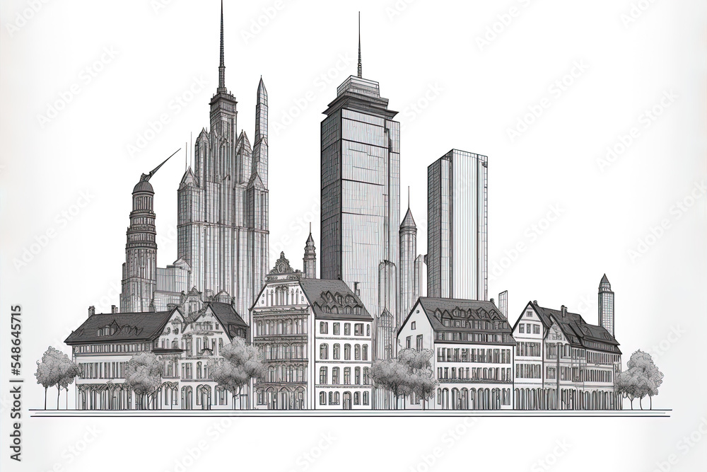 Frankfurt Skyline Architecture Line Art 2D Illustrated Illustration ...