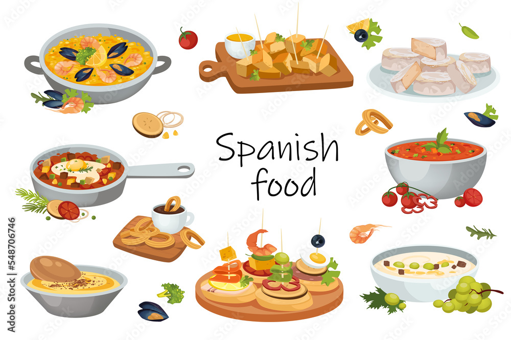 Spanish food elements isolated set. Bundle of traditional meals ...