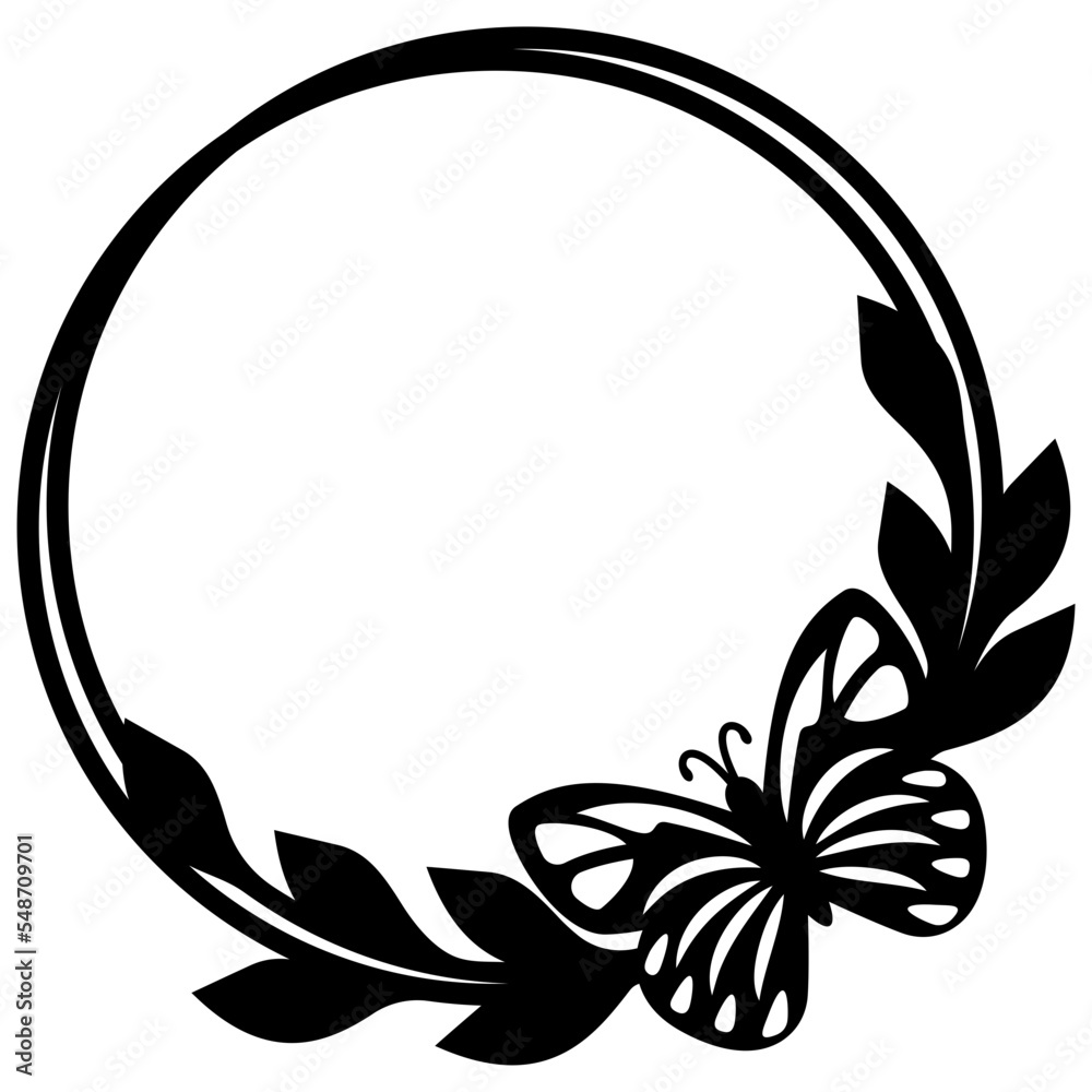 Round wreath with butterfly and leaves svg, Cake topper frame Stock ...