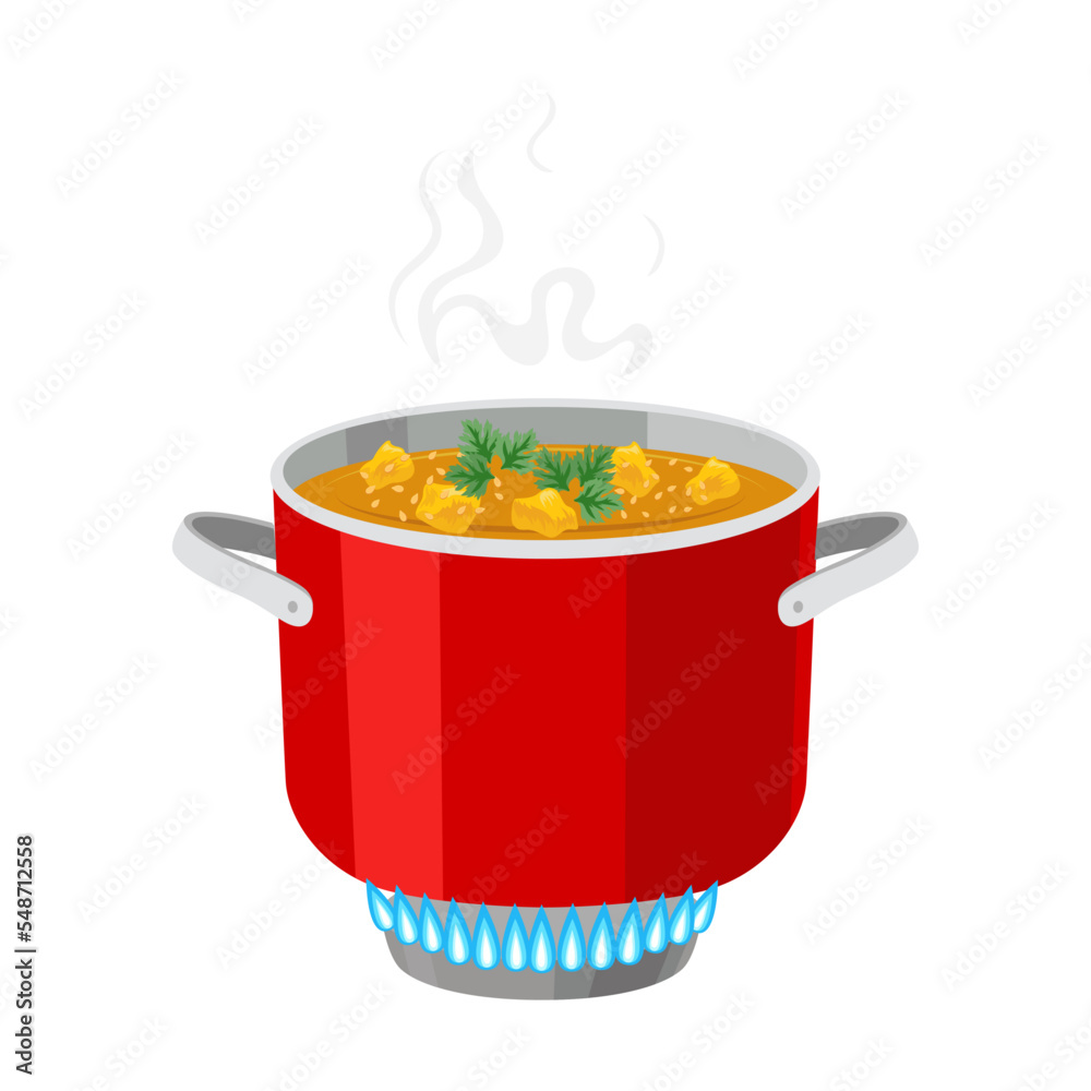 Vector de Stock Cooking pot with soup on gas stove cartoon illustration ...