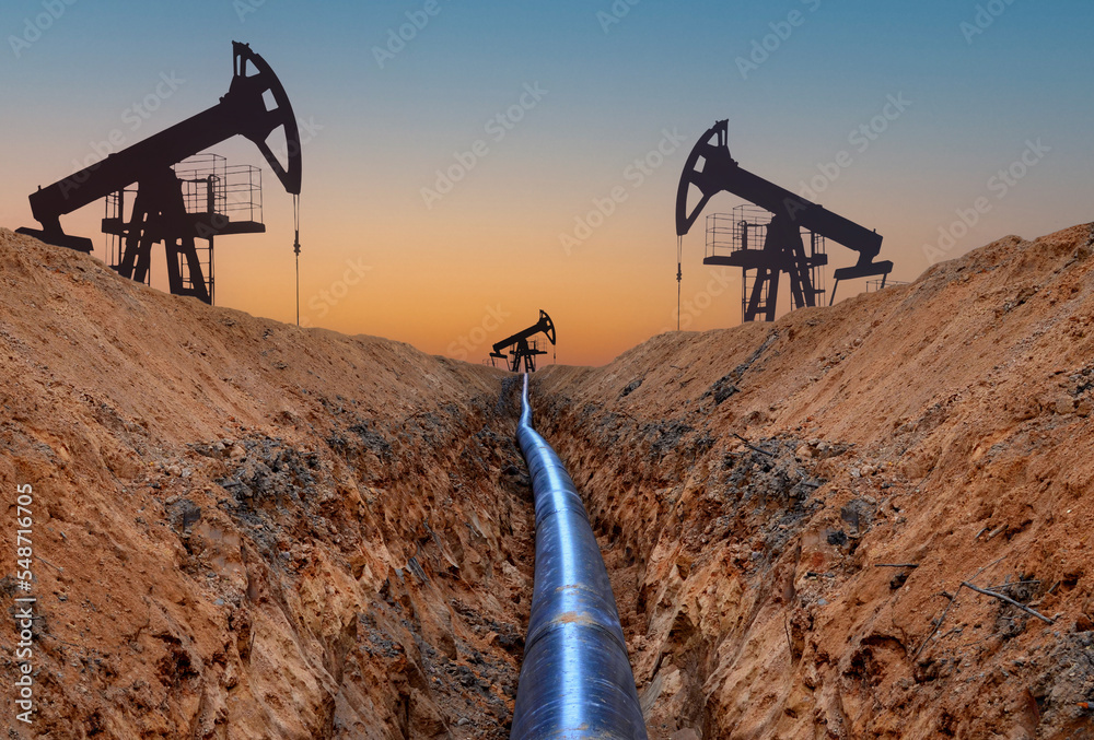 Construction Gas Pipeline Project on sunset background. Natural Gas and ...