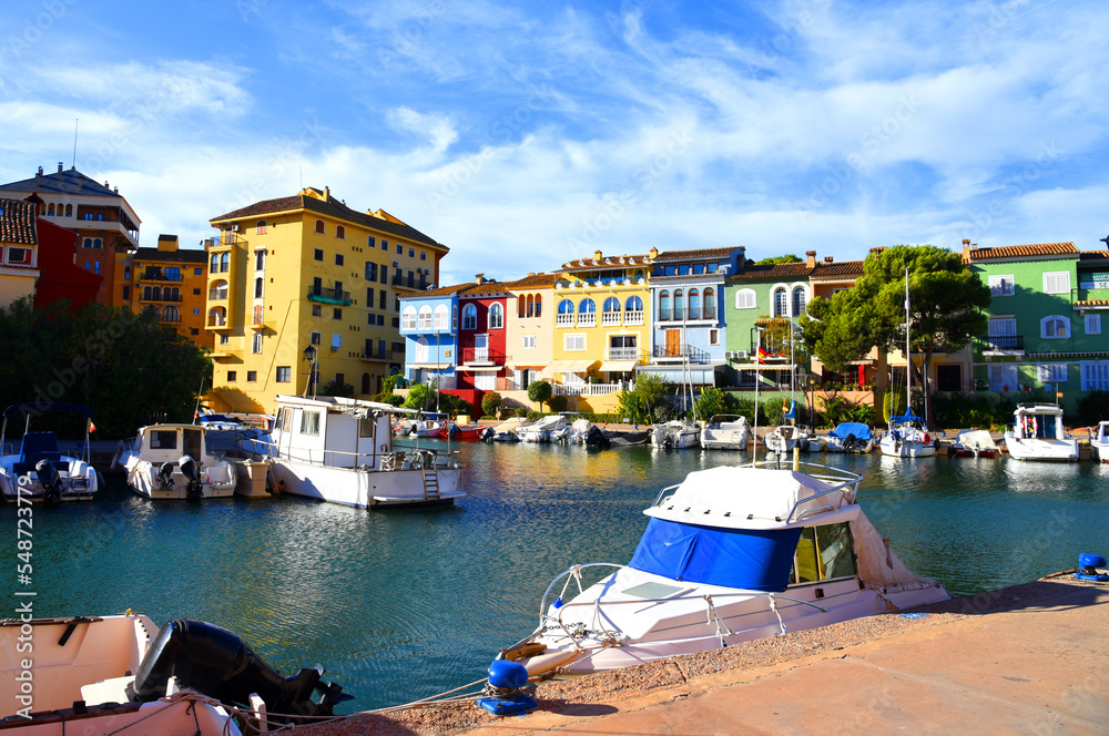 Jetty with yacht. Yachts and motor boats in marina Port Saplaya ...