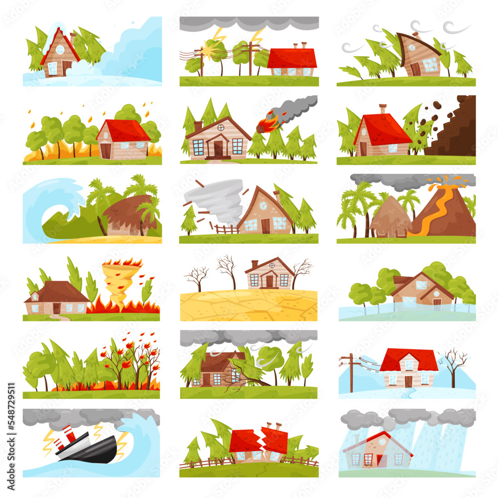 Natural disasters set. Fire, flood, hurricane, typhoon, volcano ...
