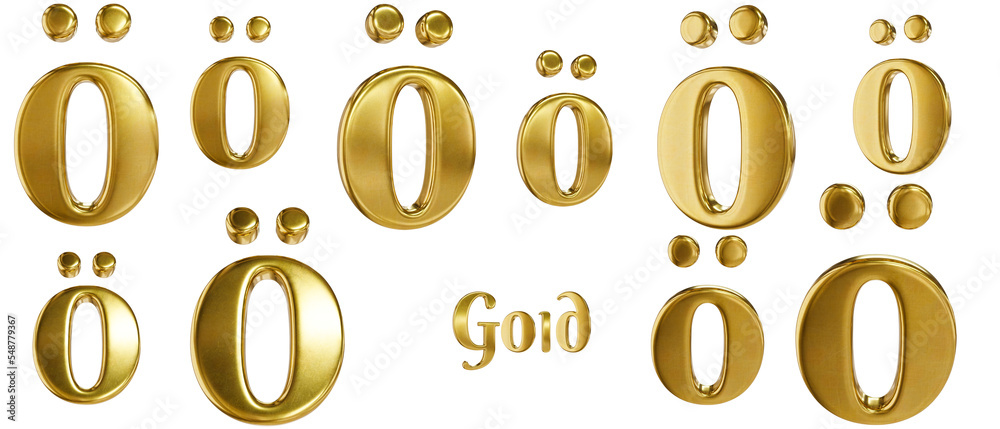 3D alphabet. Golden font with transparent background. Gold. Letter Ö, ö ...