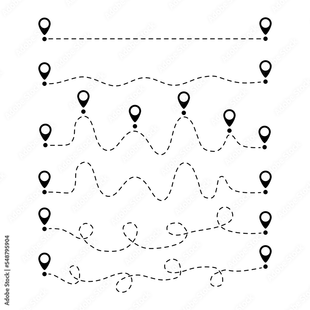 Pin map dotted line route set. Destination sign. Navigation pointers collection. Vector ...