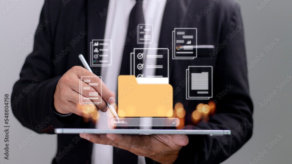 Uploading documents from folder. Open File folder with flying blank documents. Data transfer ...