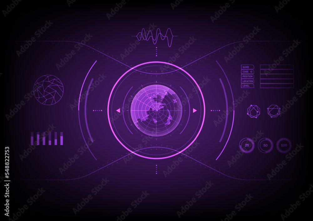 Vetor Hi-tech radar-scanning screen that glows There is a circle on the outside. has a curve ...