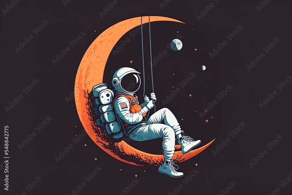ภาพประกอบ Stock Astronaut Hanging On Moon Cartoon 2D Illustrated Icon ...