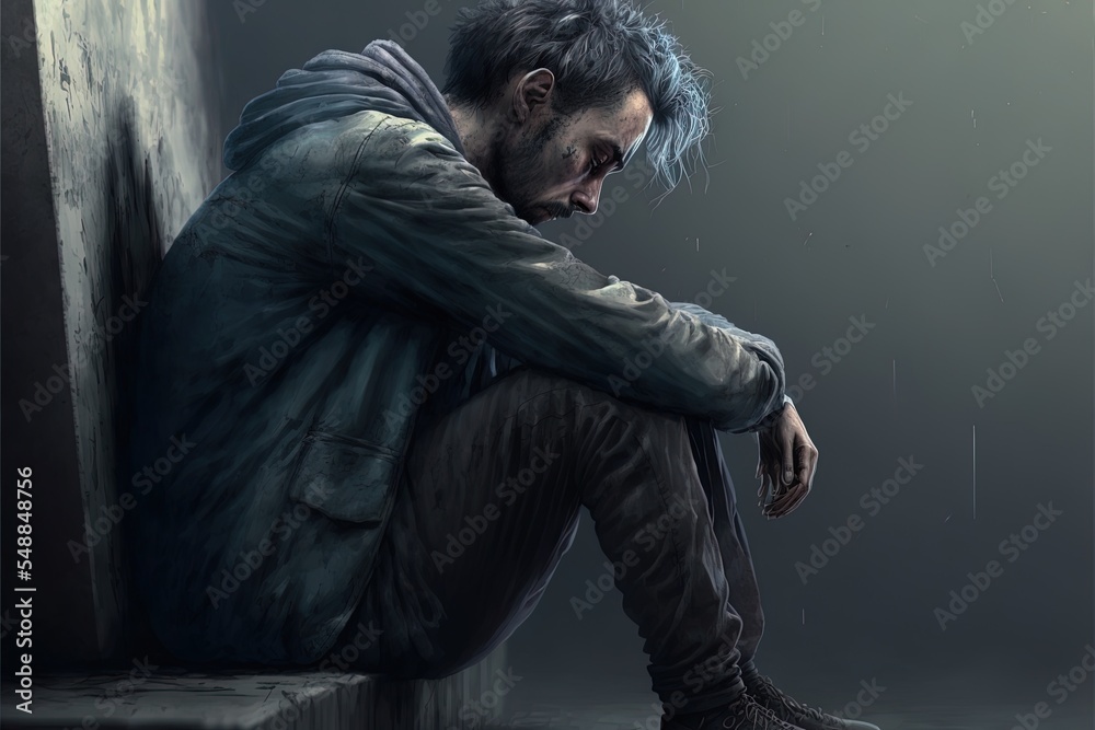 Side View Depressed Man Sitting Stock Illustration | Adobe Stock