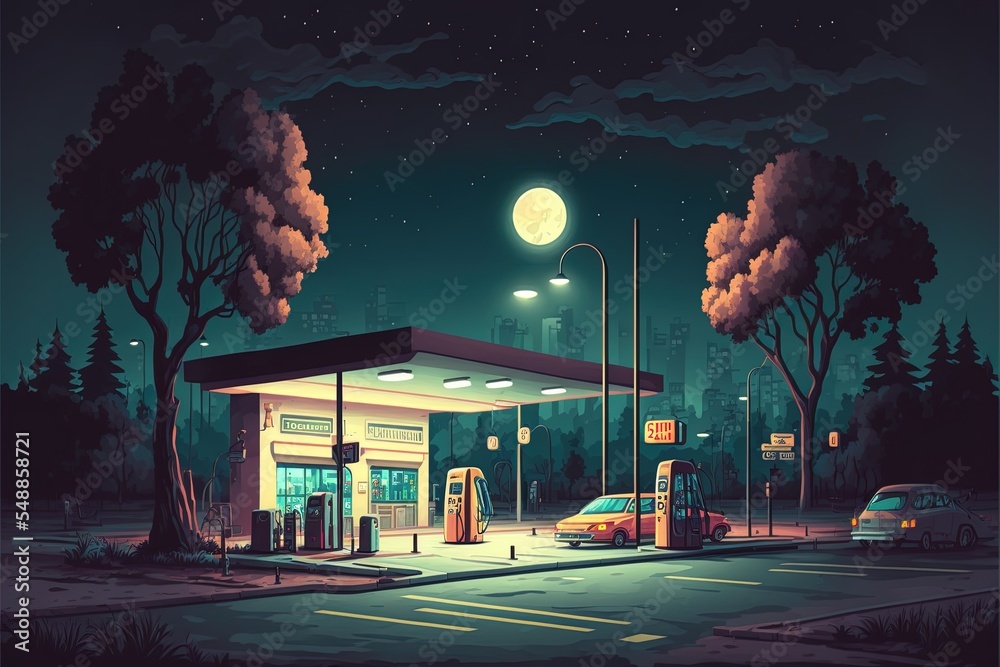 Stock-Illustration „Gas Station With Oil Pump On City Street At Night ...