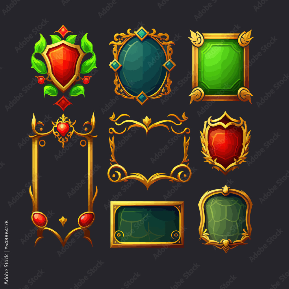 Game ui frames, gold medieval menu elements avatar UI fantasy gold ...
