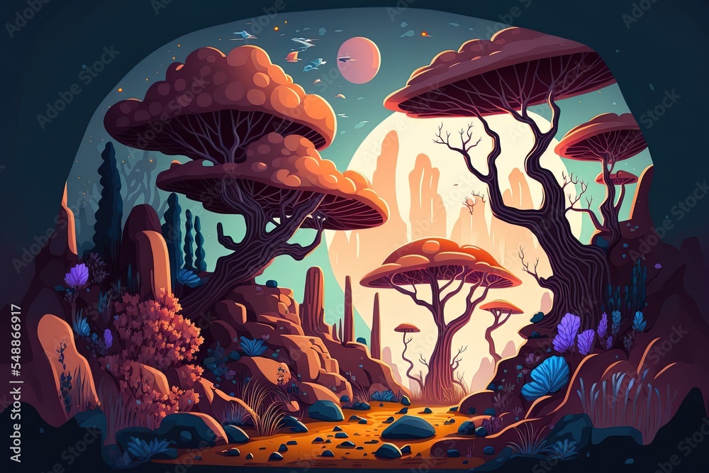 Parallax Background Alien Planet 2D Landscape With Fantasy Mushrooms ...