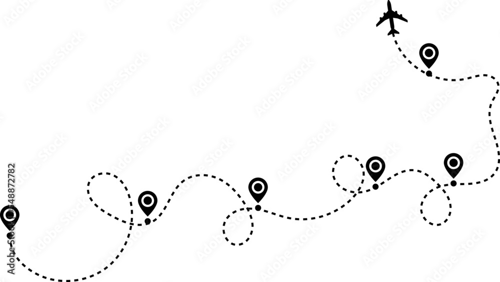 Airplane path in a dotted line shape. Blue Airplane line routes set ...