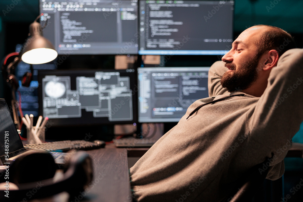 Stock-Foto „Smiling relaxed coder sitting laid back on chair, feeling ...
