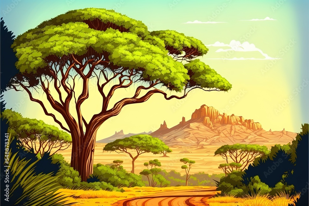 Savannah With Acacia Tree, Green Grass, Bushes, Road And Mountains On ...