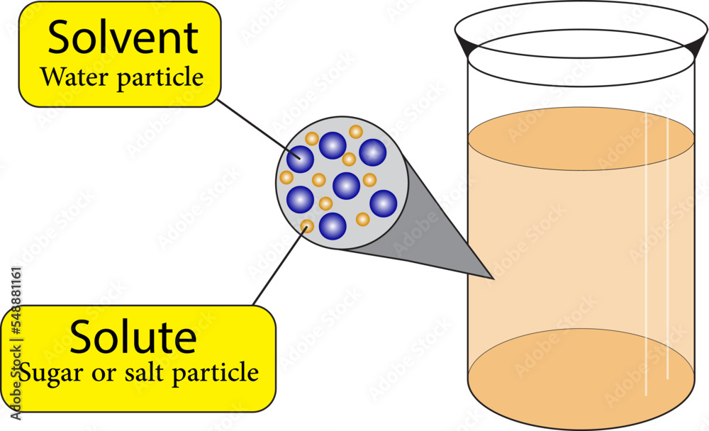 Solvent, solute molecules. Salt, sugar and water mixture. Homogeneous ...