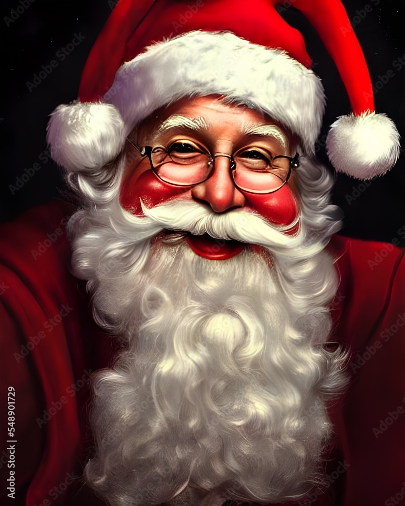 In this portrait, Santa Claus is shown from the waist up, wearing his ...