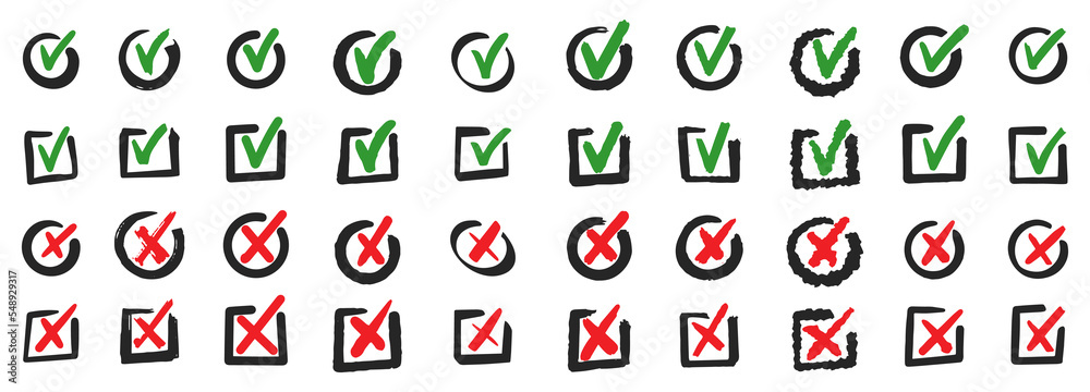 Hand drawn checkbox, examination mark and checklist marks. Doodle check marks. Check signs ...