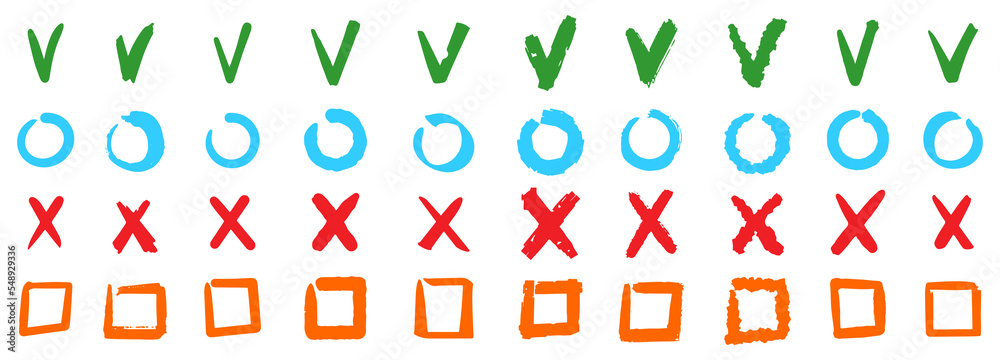 Hand drawn checkbox, examination mark and checklist marks. Doodle check marks. Check signs ...