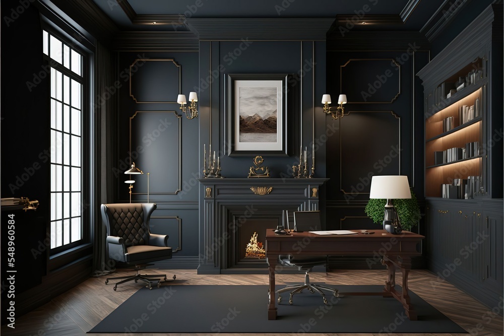 Modern minimalist office in classic vintage room with fireplace, luxury ...